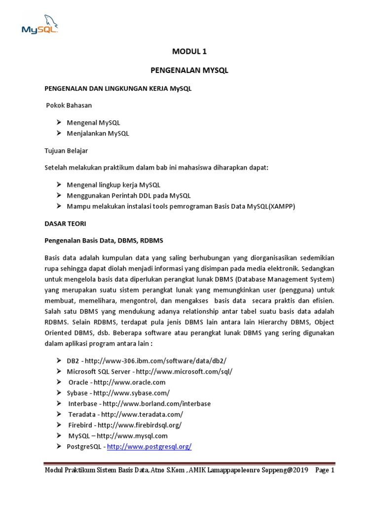 MODUL PRAKTIKUM SISTEM BASIS DATA MySQL Bab 1,2,3,4,5 | PDF