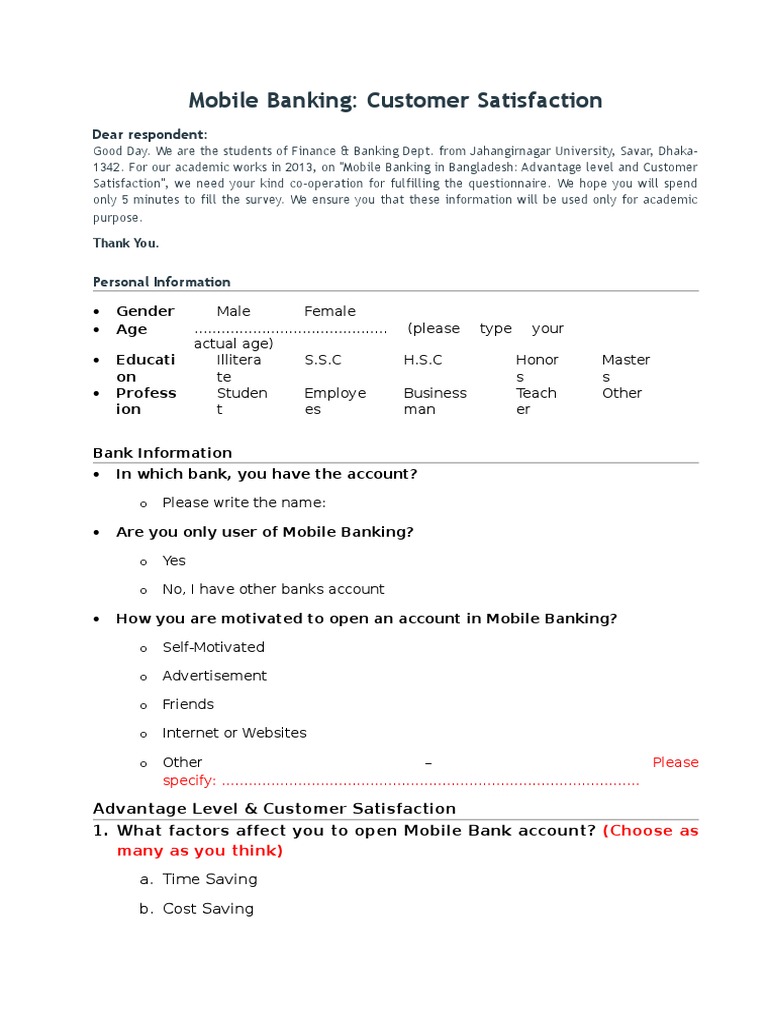 Mobile Banking Questionnaire PDF | PDF | Banks | Business