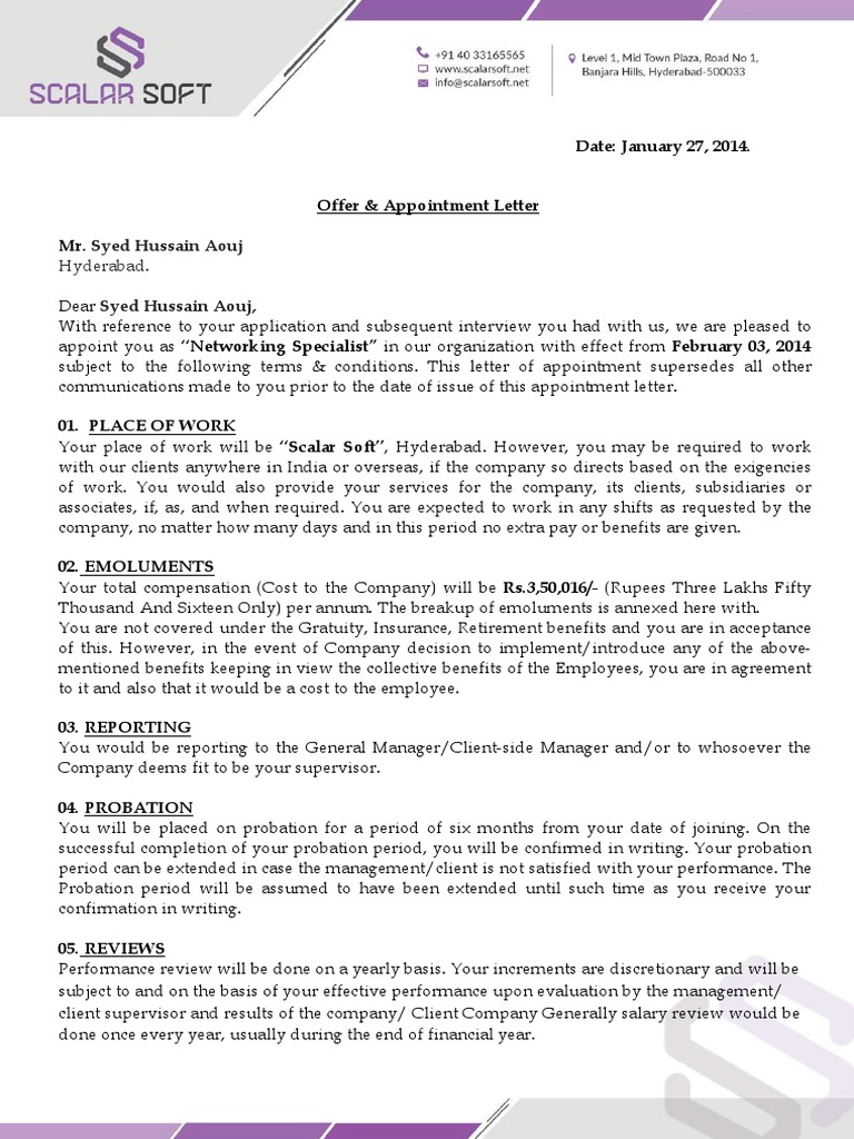 Scalar Soft Appointment Letter | PDF | Employment | Confidentiality
