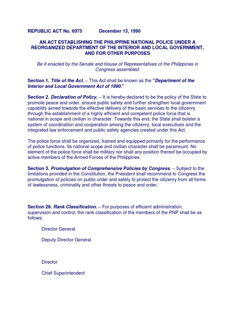 REPUBLIC ACT No 6975 | PDF | Inspector | Police