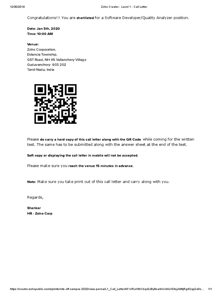 Zoho Creator - Level 1 - Call Letter PDF | PDF