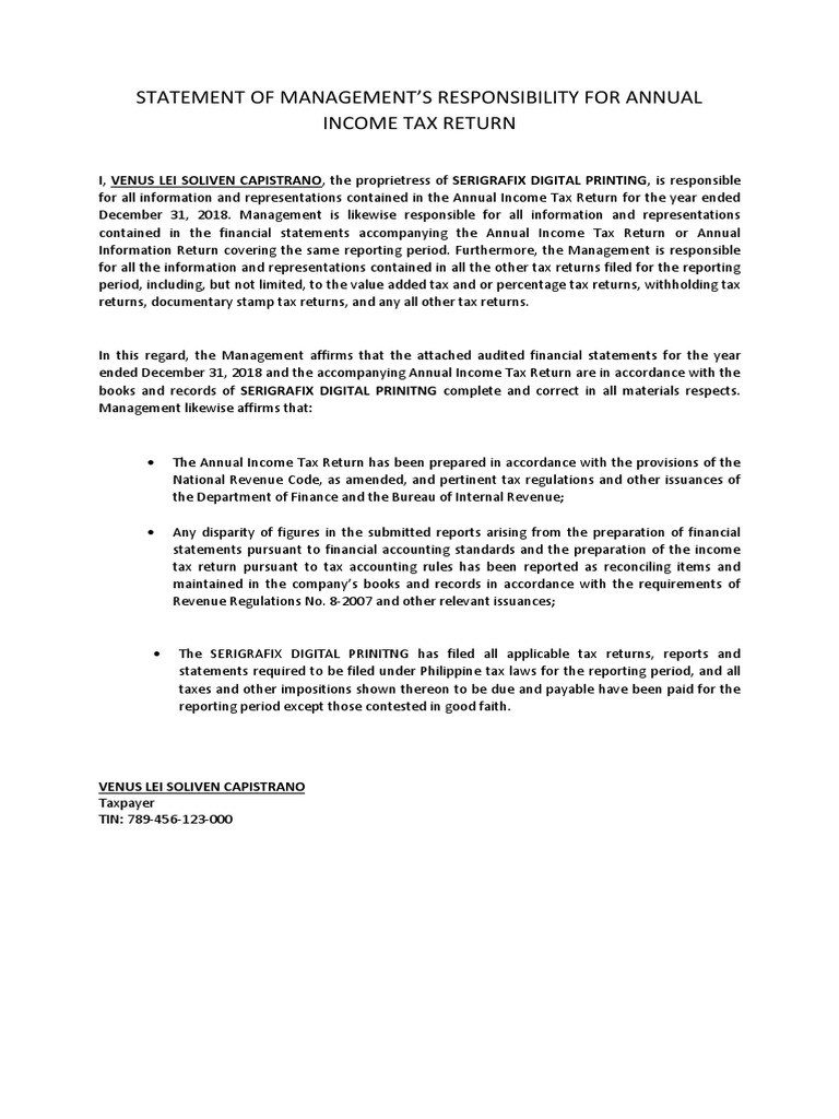 Statement of Management's Responsibility For Annual Income Tax Return | PDF