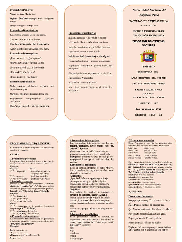 Triptico QUECHUA | PDF | Plural | Pronombre