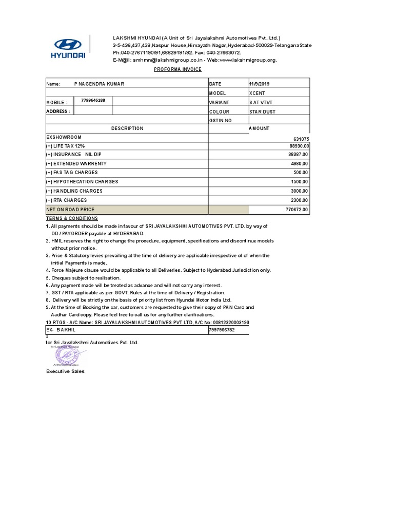 Hyundai Proforma Invoice Details | PDF | Value Added Tax | Payments