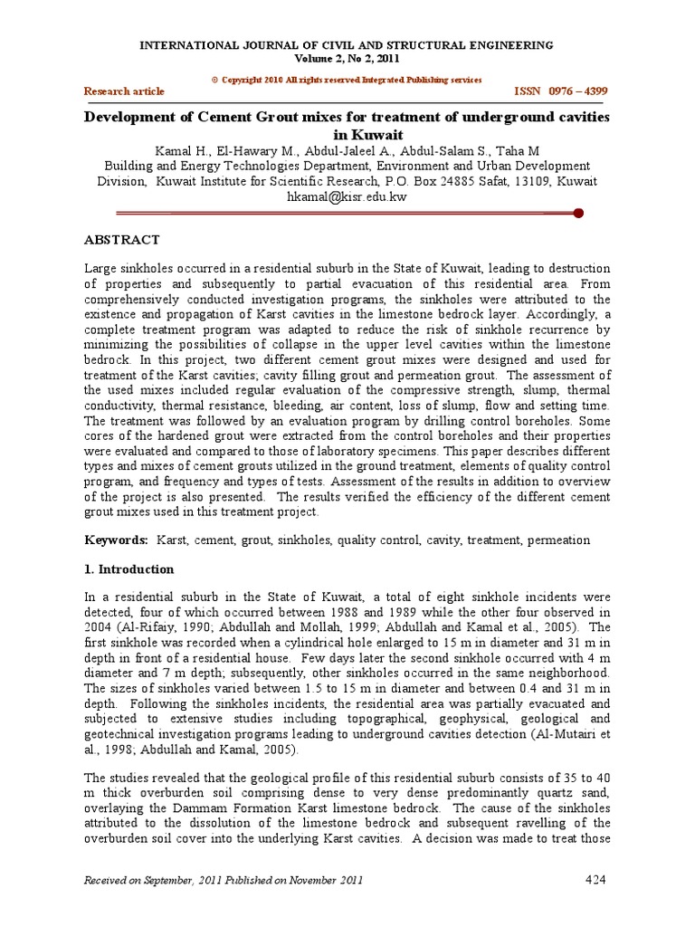 Development of Cement Grout Mixes For Treatment of Underground Cavities ...