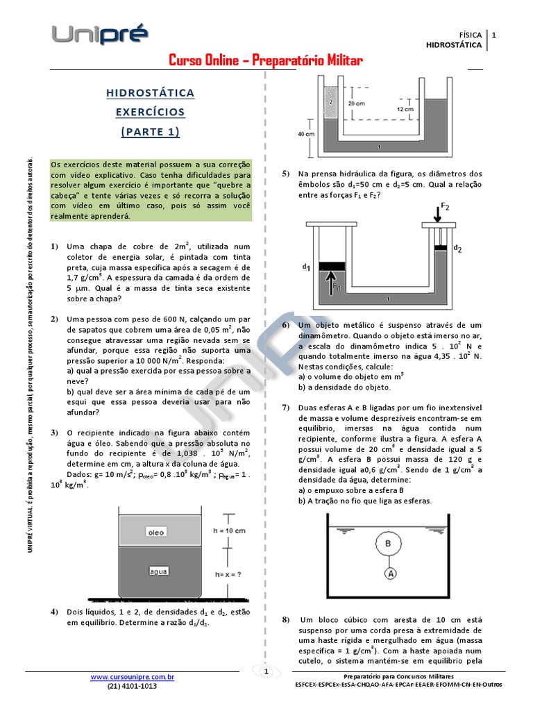 Exerc Fis 15 Hidrostática - Parte 1 | PDF | Flutuabilidade | Pressão