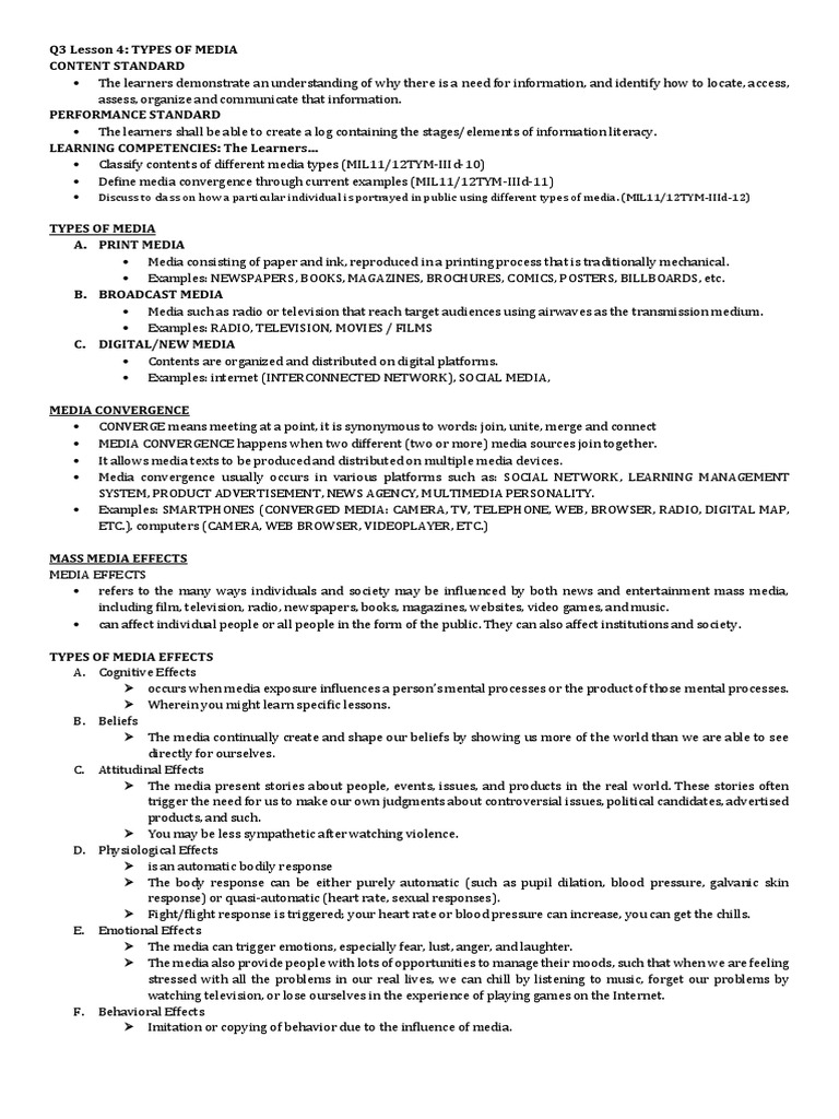 Handout 4 Types of Media | PDF | Technological Convergence | Mass Media