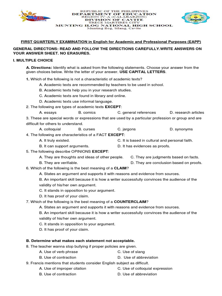 FIRST QUARTERLY EXAMINATION in English For Academic and Professional ...