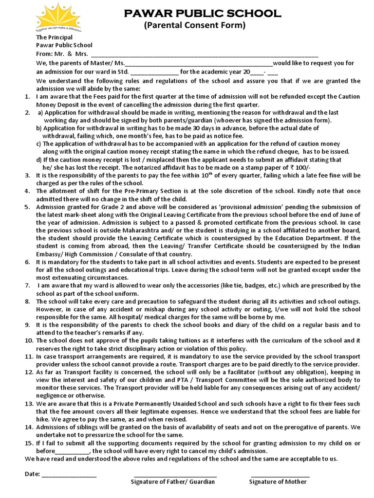 Parental Consent Form | PDF | Fee | Common Law