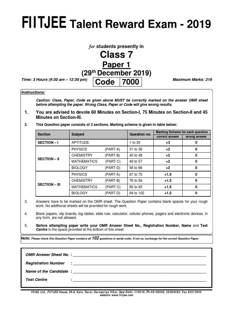 FIITJEE Talent Reward Exam Paper 1 for Class 7 | PDF | Hemoglobin | Leaf