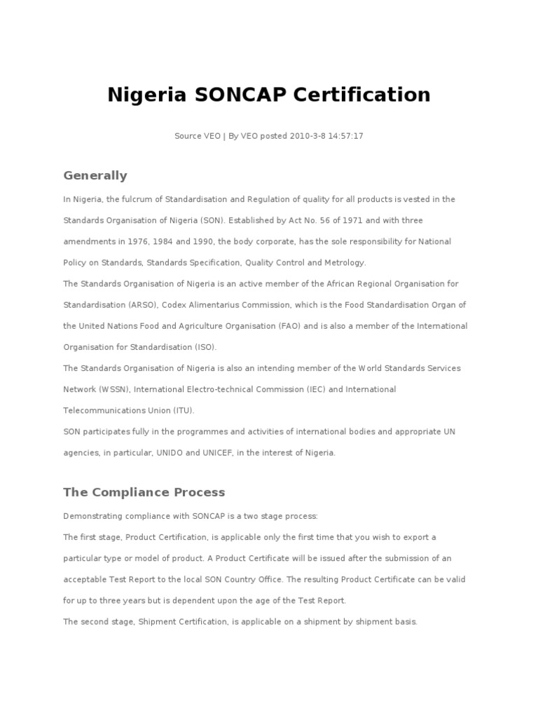 Nigeria SONCAP Certification | PDF | Regulatory Compliance | Standards Organization