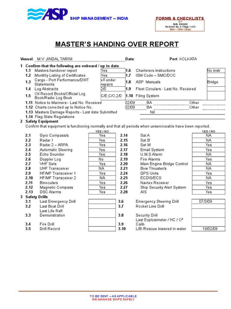 D-1 - Master's Handing Over Form | PDF | Ships | Shipping