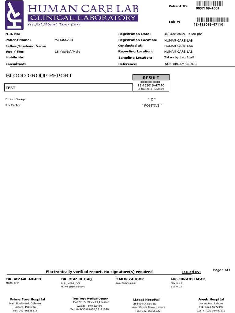 Patient Blood Group Report | PDF | Clinical Medicine | Medical Specialties