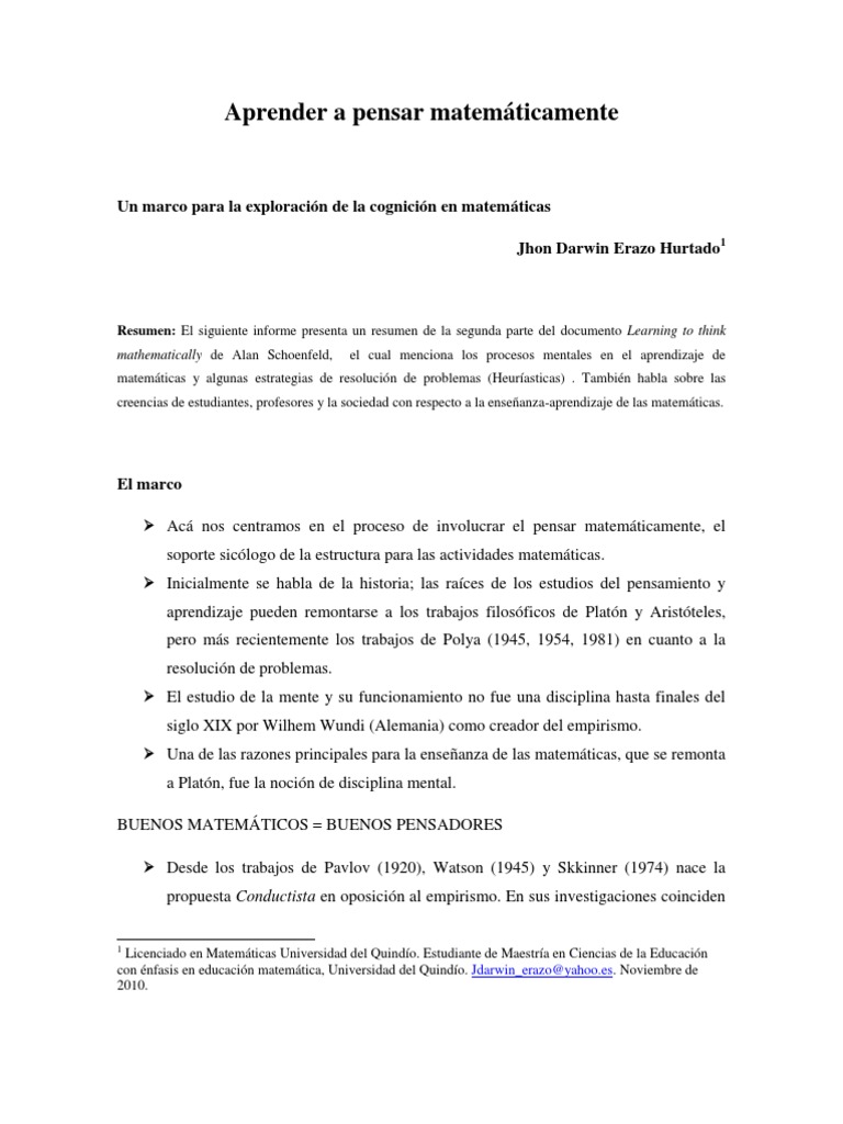 Aprender A Pensar Matemáticamente | PDF | Aprendizaje | Maestros