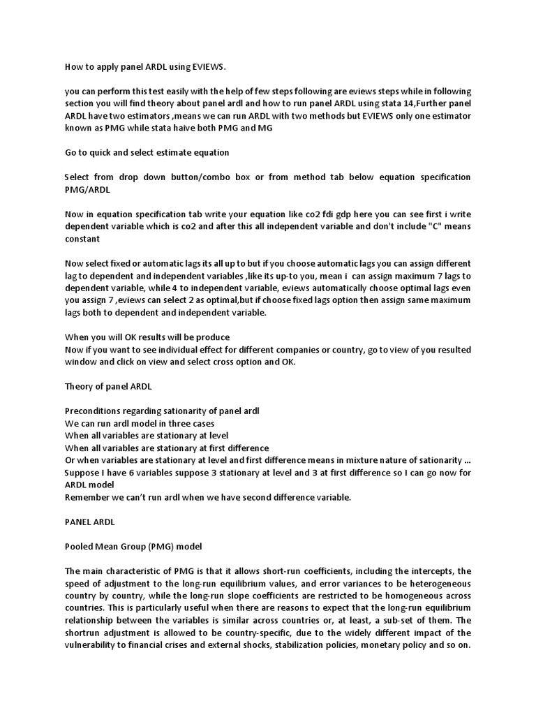 How To Apply Panel ARDL Using EVIEWS | PDF | Errors And Residuals ...