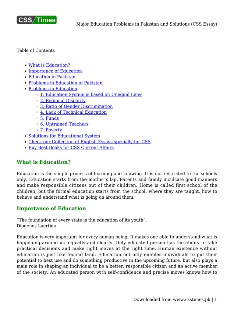 Major Education Problems in Pakistan and Solutions (CSS Essay) | PDF ...