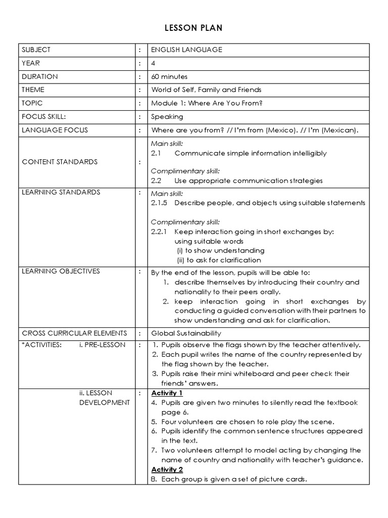 CEFR-aligned KSSR Year 4 English Language Lesson Plan - Speaking Skill ...