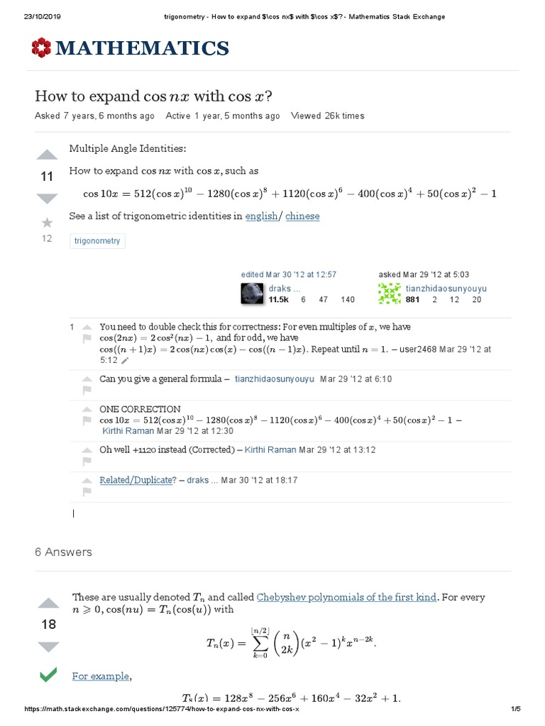 Trigonometry - How To Expand $ - Cos NX$ With $ - Cos X$ - Mathematics ...