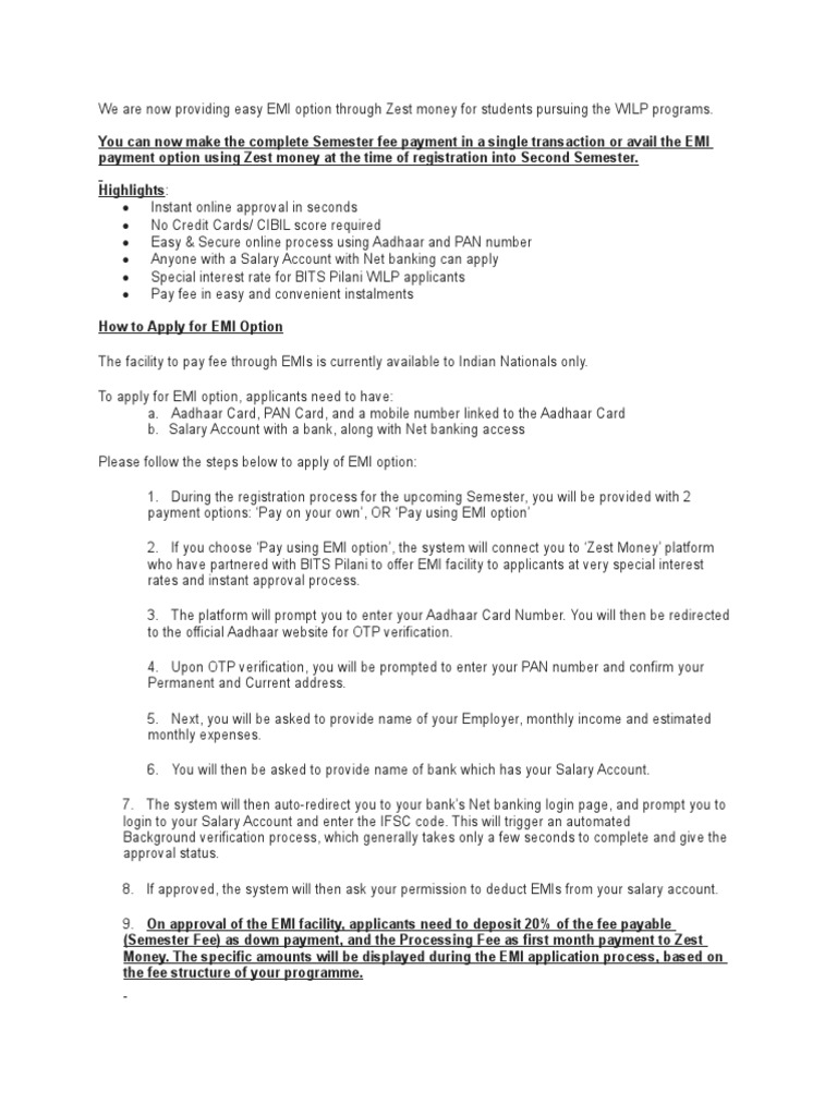 EMI Instructions | PDF | Fee | Payments