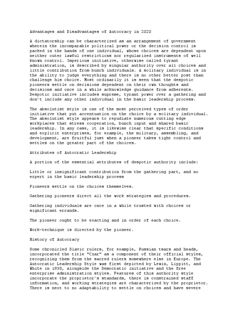 Autocracy: Pros and Cons in 2020 | PDF | Tsar | Dictatorship