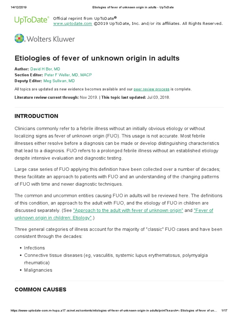 Etiologies of Fever of Unknown Origin in Adults - UpToDate (2019) PDF ...