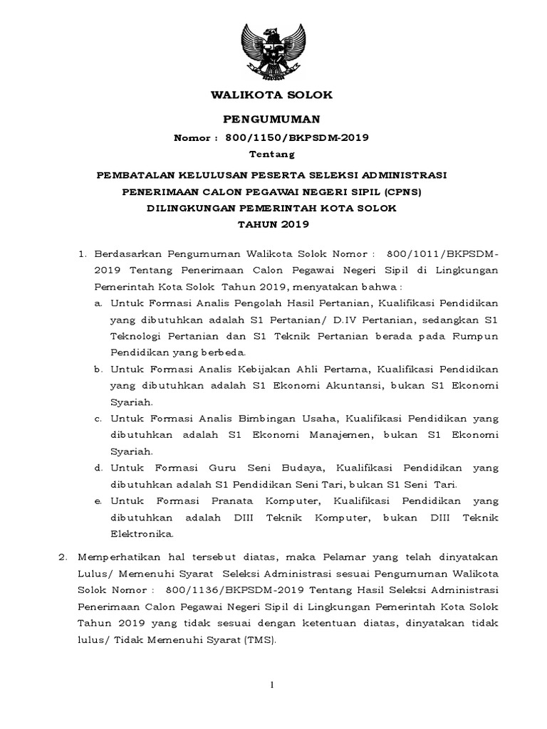 Pengumuman Pembatalan Kelulusan CPNS Tahun 2019 Kota Solok | PDF