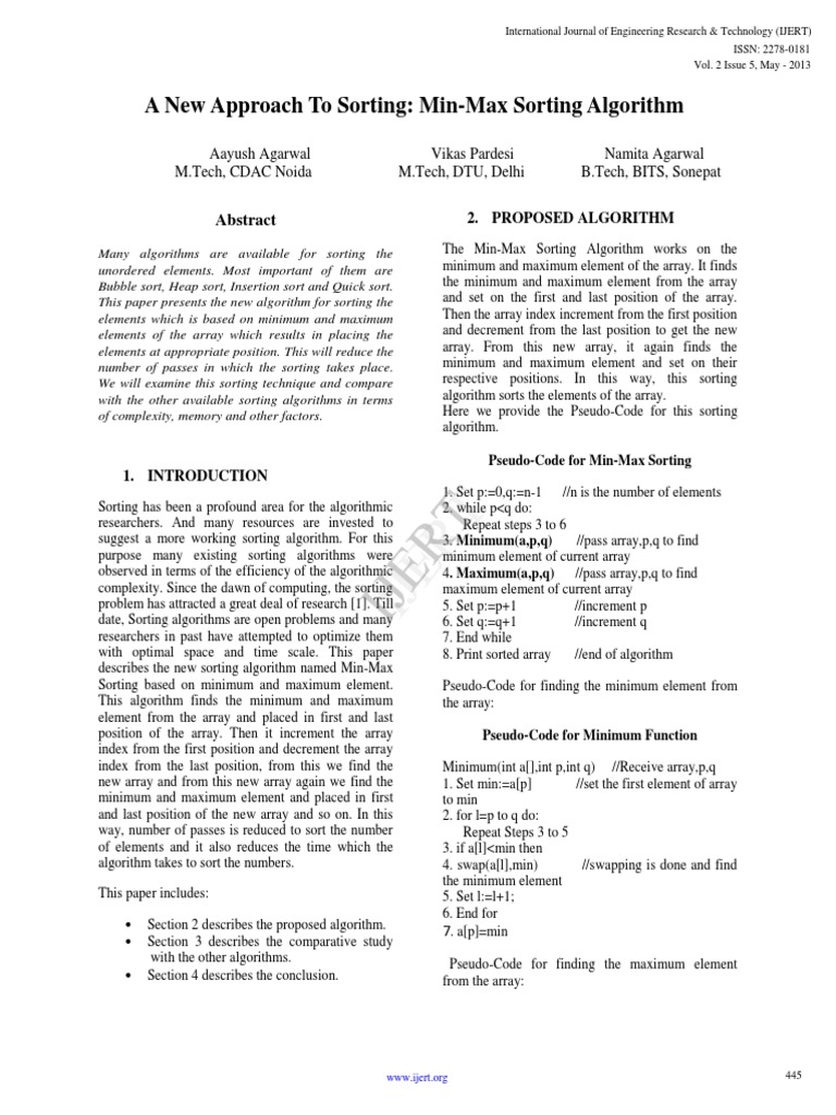 A New Approach To Sorting Min Max Sorting Algorithm IJERTV2IS50210 PDF | PDF | Discrete ...
