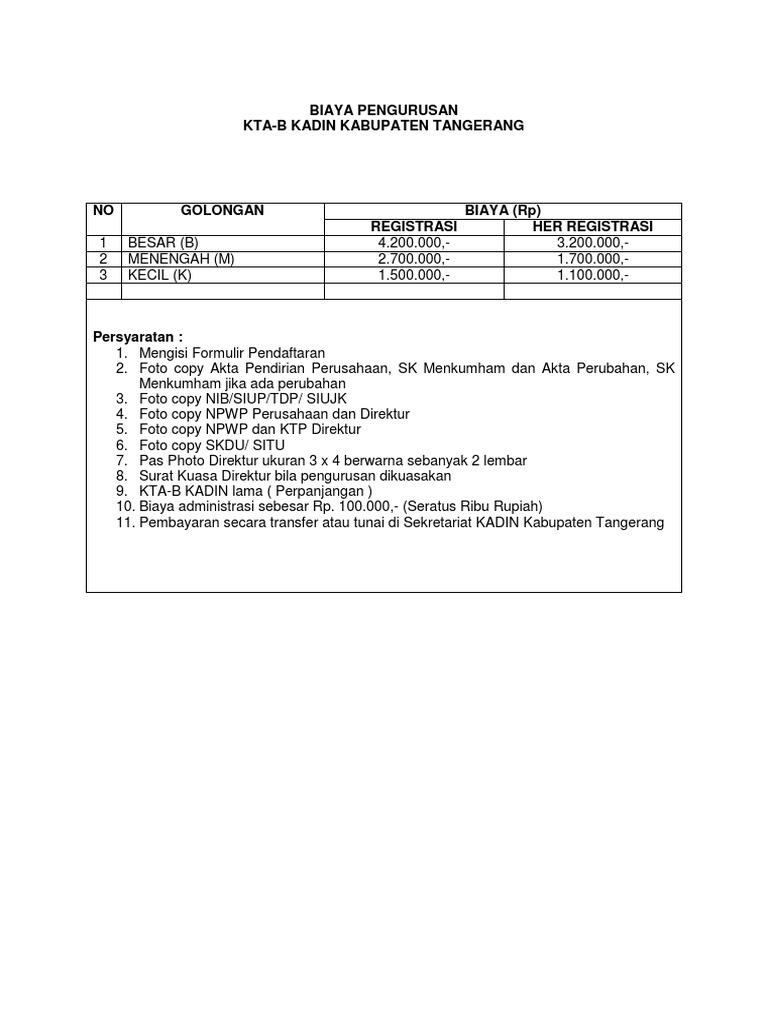 Biaya KTA-B KADIN | PDF