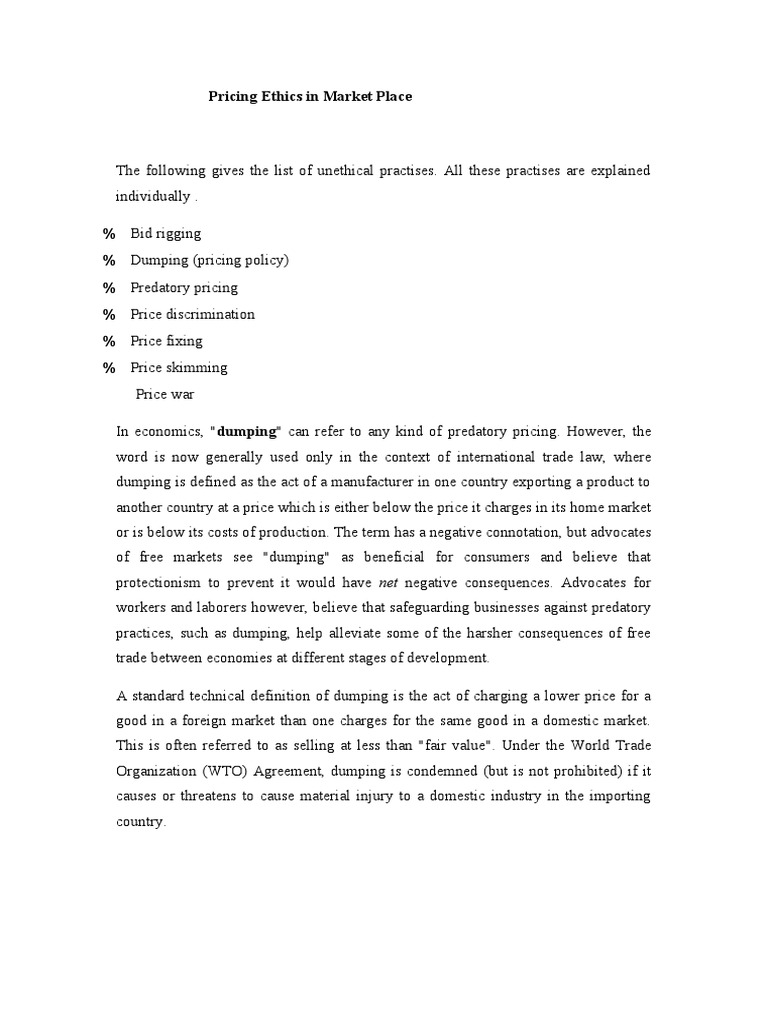 Pricing Ethics in Market Place | PDF | Dumping (Pricing Policy) | Price Discrimination