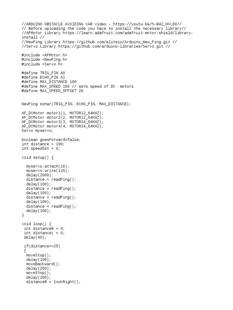 Arduino Obstacle Avoiding Robot Code | PDF | Electrical Engineering ...
