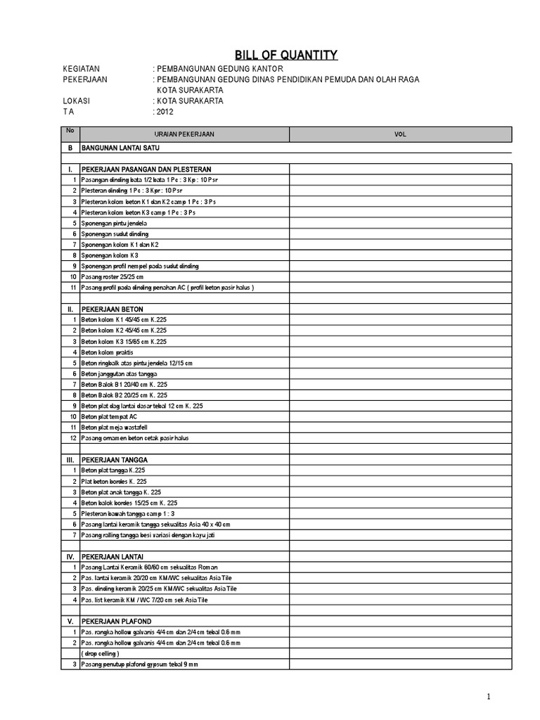 Contoh Bill of Quantity Gedung Kantor | PDF