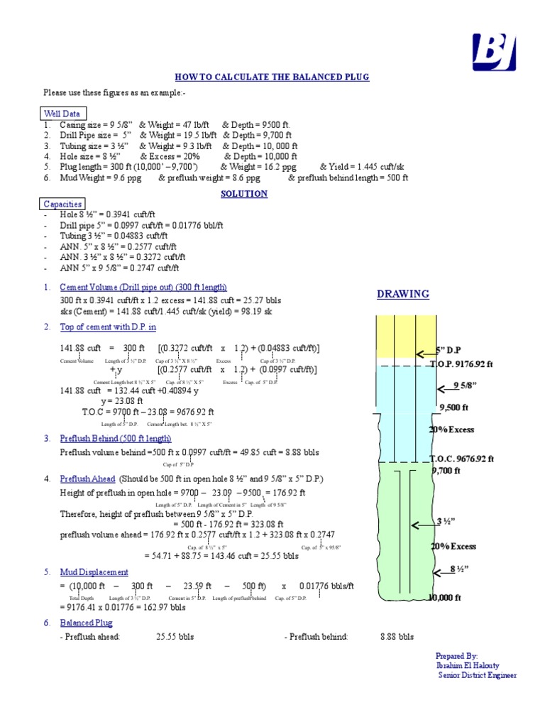Balanced Cement Plug Calculation Guide | PDF | Casing (Borehole ...