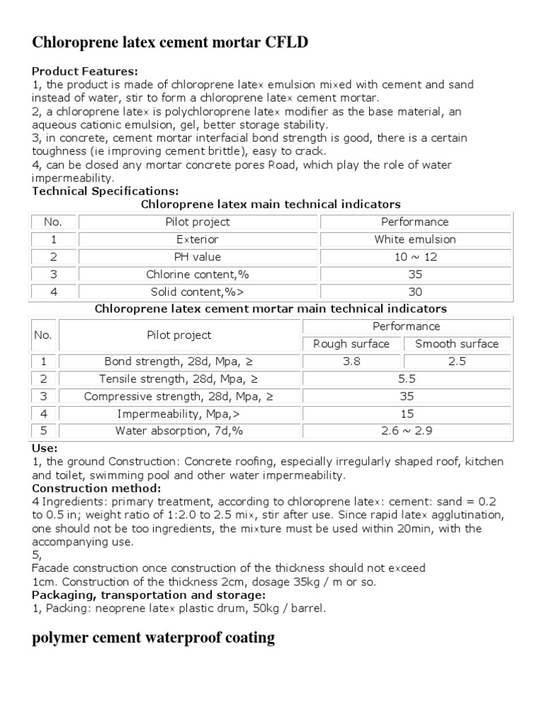 Chloroprene Latex Cement Mortar CFLD | PDF | Concrete | Mortar (Masonry)