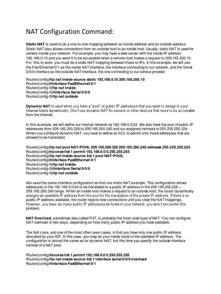NAT Configuration Command | PDF | Ip Address | Network Layer Protocols