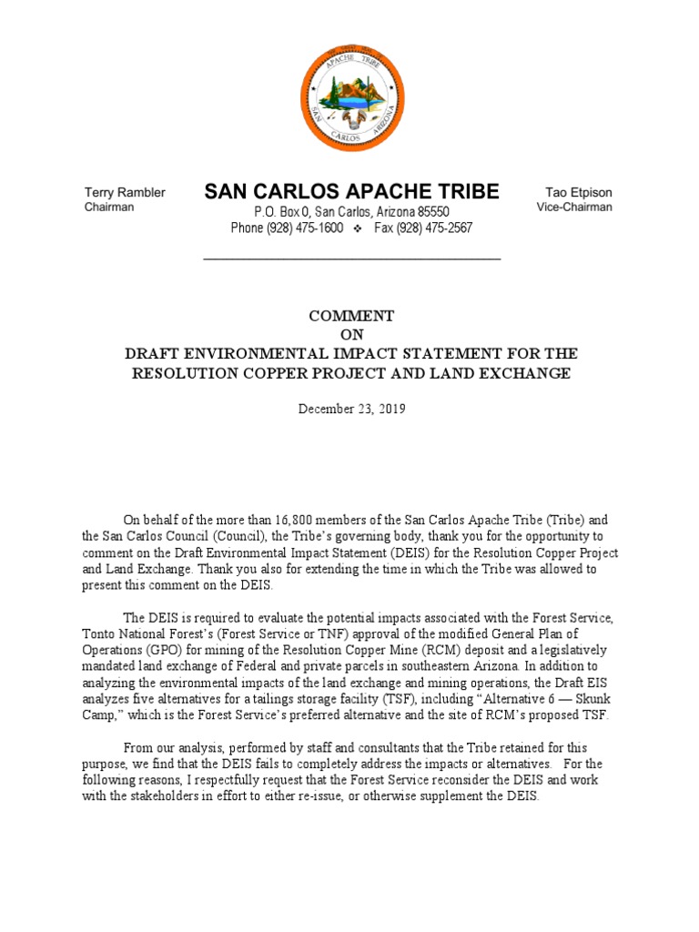 Official Response From San Carlos Apache Tribe To Resolution Copper ...