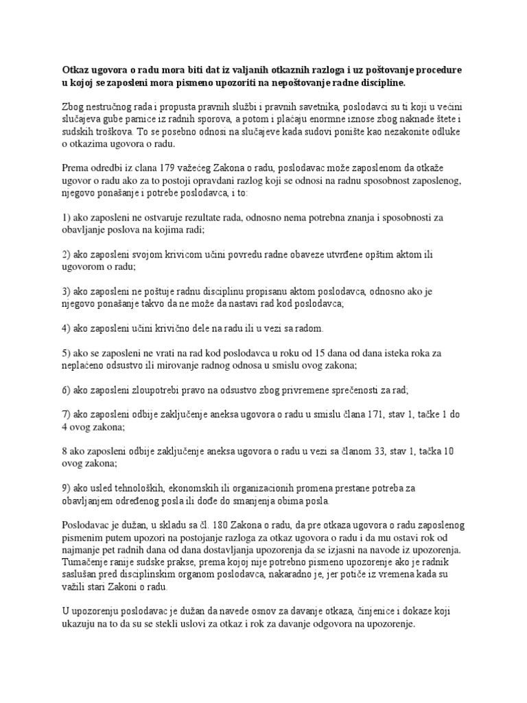 Otkaz Ugovora o Radu | PDF