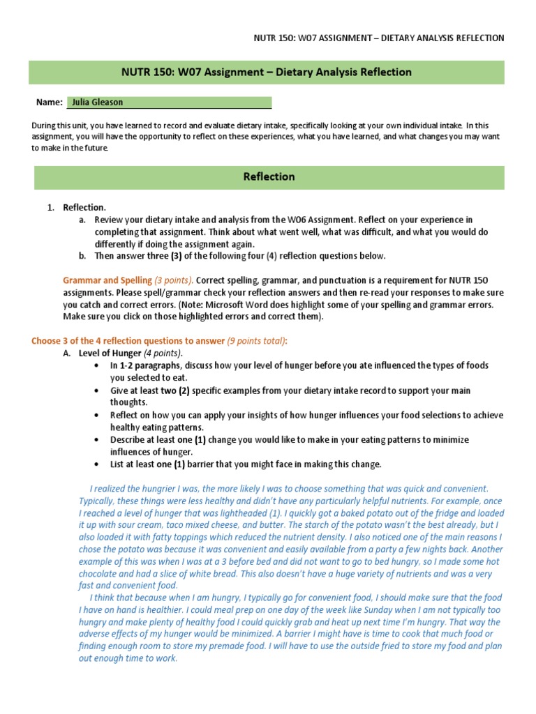 w07 Assign Dietary Analysis Reflection-Julia Gleason | PDF | Eating ...