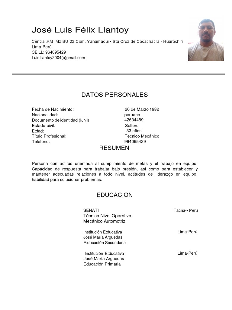 Técnico Mecánico con Experiencia Internacional | PDF | Perú | Educación ...