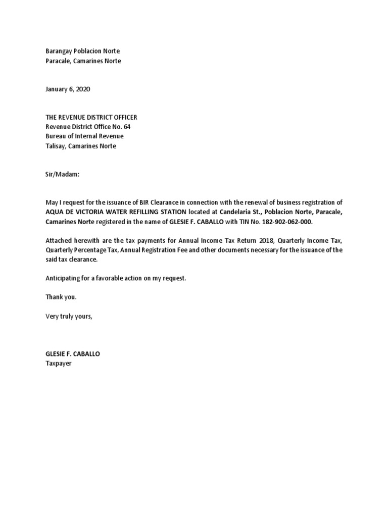 Request Letter For Tax Clearance | PDF