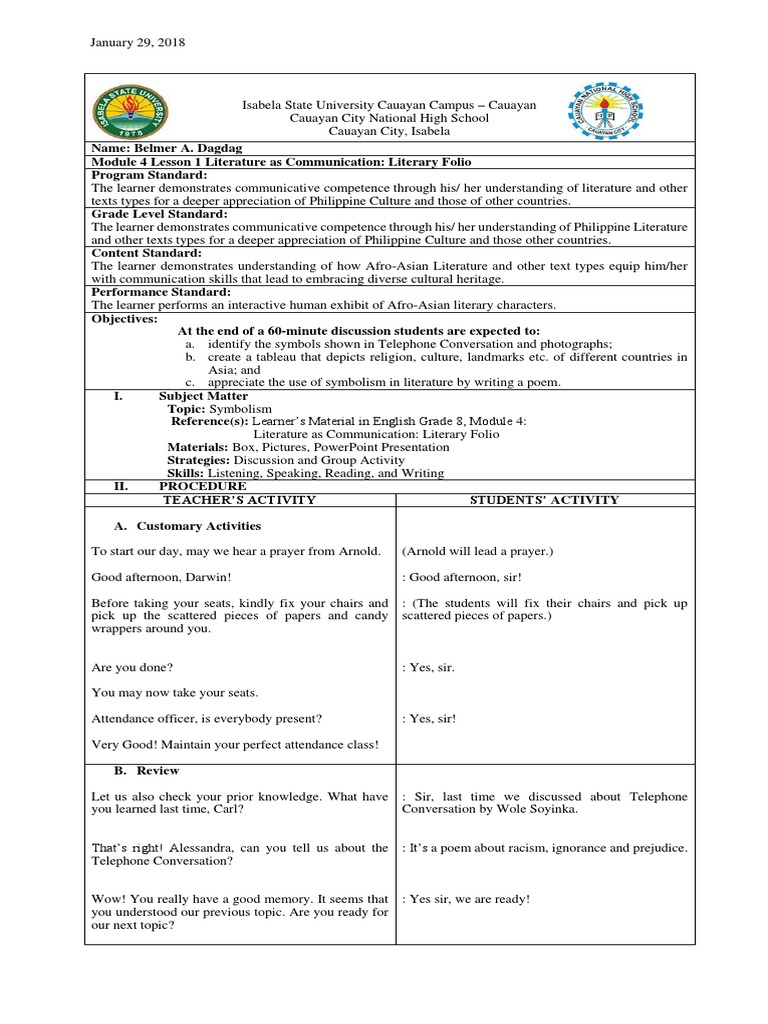 Detailed Lesson Plan (Symbolism) | PDF | Lesson Plan | Learning