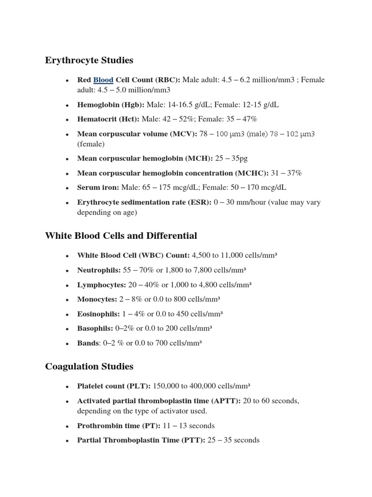 Normal Lab Values | PDF | White Blood Cell | Coagulation
