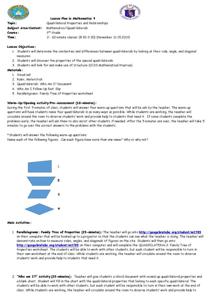 Quadrilateral Lesson Plan | PDF | Rectangle | Geometric Shapes