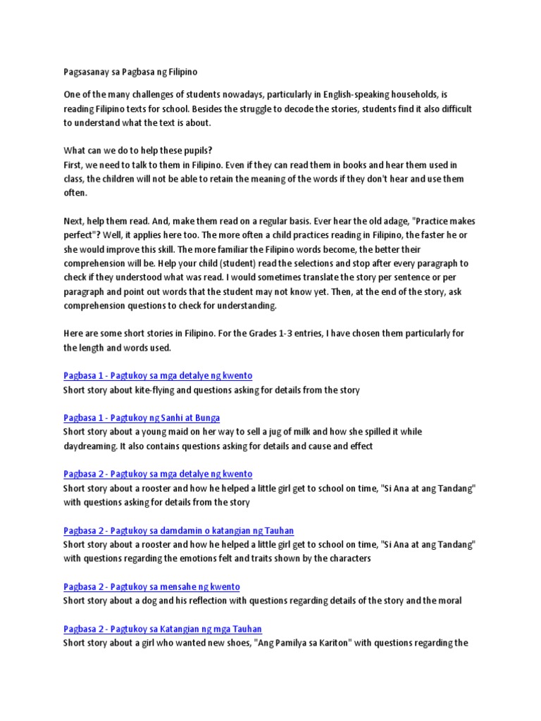 Pagsasanay Sa Pagbasa NG Filipino | PDF | Reading Comprehension ...