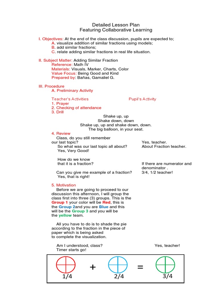 Detailed Lesson Plan | PDF | Fraction (Mathematics) | Lesson Plan