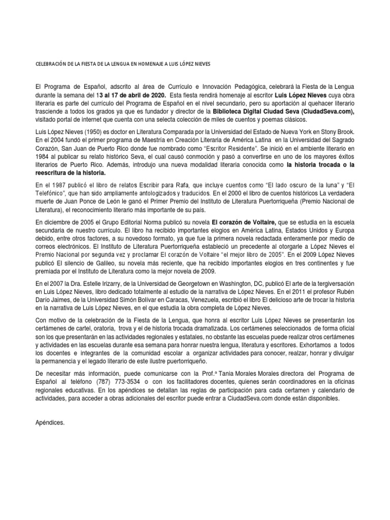 Celebración de La Fiesta de La Lengua en Homenaje A Luis López Nieves ...