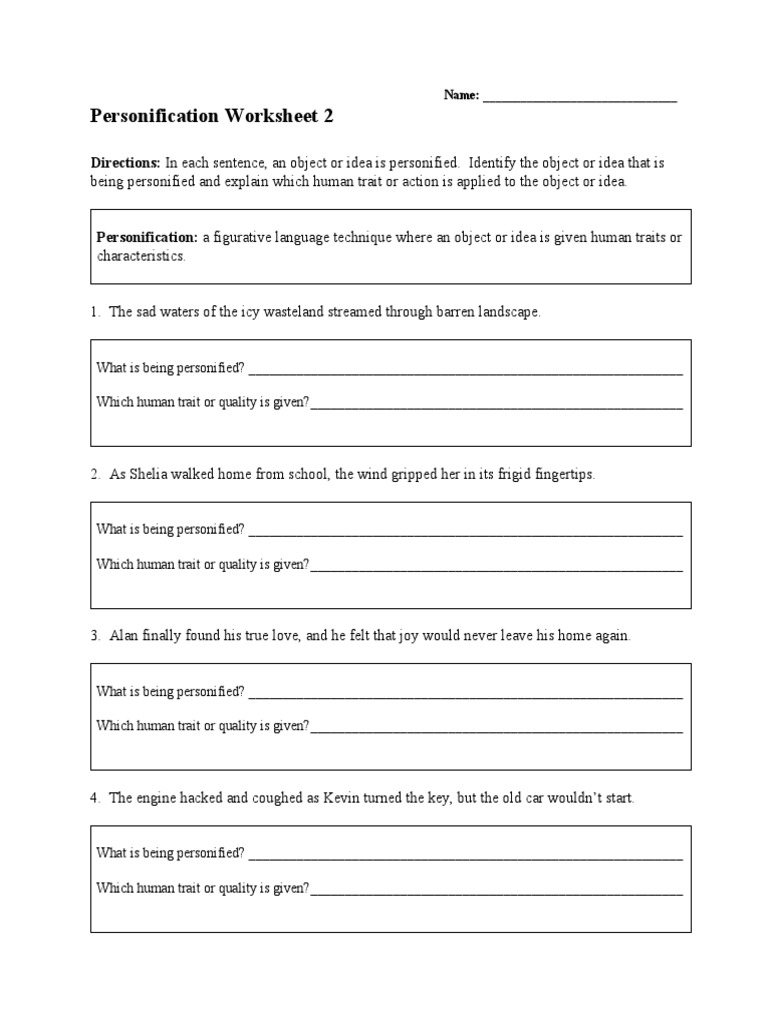 Personification Worksheet 2 | PDF