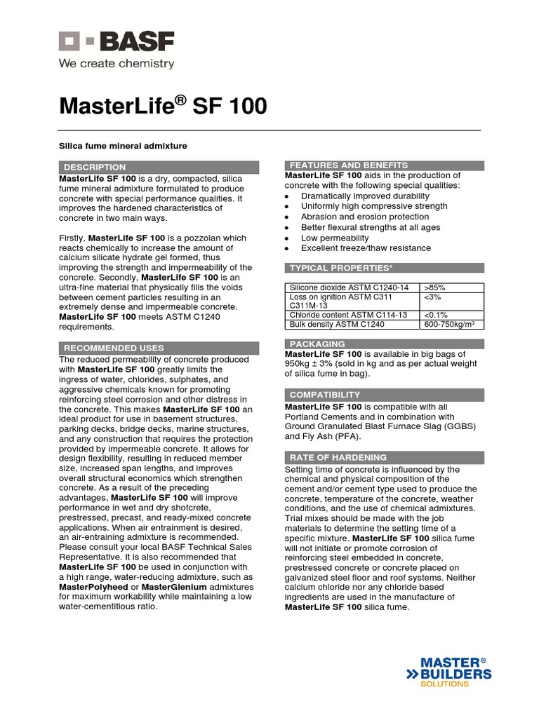 Basf Masterlife SF 100 Tds | PDF | Concrete | Chemical Substances