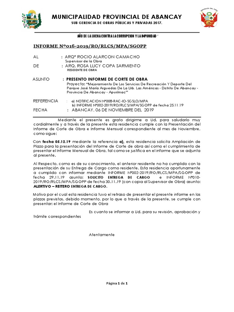 Informe 017 Informe de Obra | PDF
