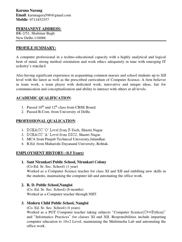 Karuna Narang CV | PDF | Net Beans | Applications & Software