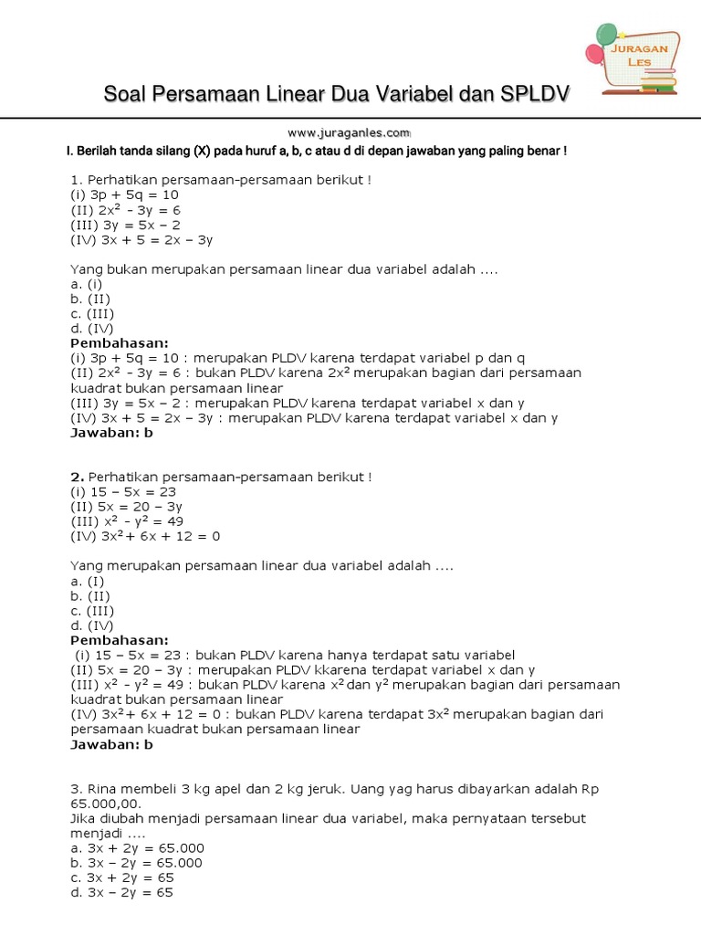 Soal Persamaan Linear Dua Variabel (SPLDV) | PDF